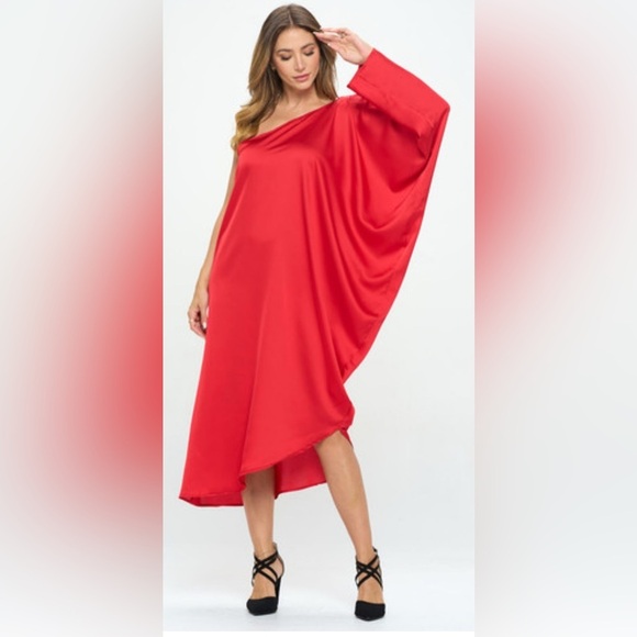 Uniqlo | Dresses | Uniqlo Red Satin Oversize One Shoulder Asymmetrical ...